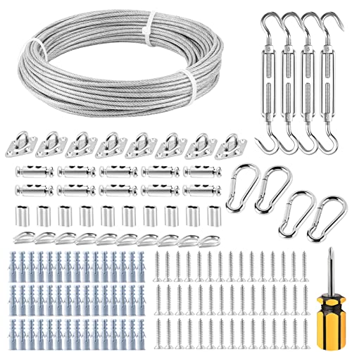 FSHIHINE Shade Sail Hardware Kit with Cable Wire 66FT, Stainless Steel Sun Shade Sail Installation Kit , Turnbuckles Eye Hook Kit for Garden Triangle and Square, Rectangle, Awning, Outdoor Patio Lawn