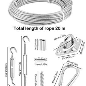 FSHIHINE Shade Sail Hardware Kit with Cable Wire 66FT, Stainless Steel Sun Shade Sail Installation Kit , Turnbuckles Eye Hook Kit for Garden Triangle and Square, Rectangle, Awning, Outdoor Patio Lawn