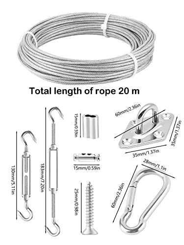 FSHIHINE Shade Sail Hardware Kit with Cable Wire 66FT, Stainless Steel Sun Shade Sail Installation Kit , Turnbuckles Eye Hook Kit for Garden Triangle and Square, Rectangle, Awning, Outdoor Patio Lawn