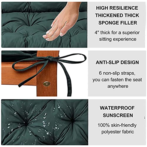 Swing Replacement Cushions 3 Seat, Bench Cushion for Outdoor Furniture Waterproof Thick Porch Swing Cushions with Backrest & Ties for Garden Patio, 60in*40in(Dark Green)