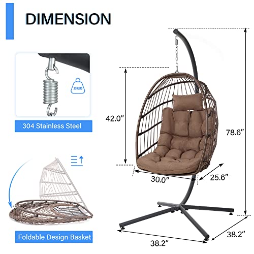 LEYCAY Egg Chair with Stand, Hanging Egg Swing Hammock Chair with Stand, Indoor Outdoor Wicker Egg Chair with Cushion Headrest for Patio Bedroom Porch Garden, 350LBS Capacity(Brown)