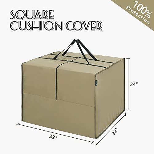 SORARA Square Cushion Cover Storage Bag, Outdoor Protective Zippered Patio Furniture Cover, Garden Furniture Cushion Carrying Bag with Handle, Water Resistant, 32''L x 32''W x 24''H,Brown