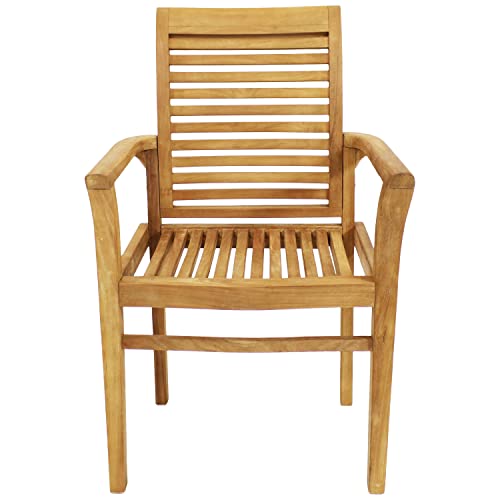 Sunnydaze Solid Teak Outdoor Armchair - Light Brown Wood Stain Finish - Slatted Chair - Patio, Deck, Lawn, Garden, Terrace or Backyard