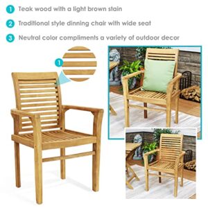 Sunnydaze Solid Teak Outdoor Armchair - Light Brown Wood Stain Finish - Slatted Chair - Patio, Deck, Lawn, Garden, Terrace or Backyard