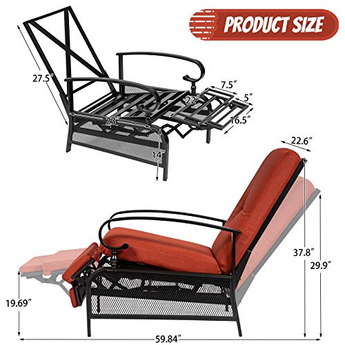 Incbruce Outdoor Lounge Chair Patio Furniture Adjustable Recliner with Retractable Steel Frame and Removable Thick Cushions - Red