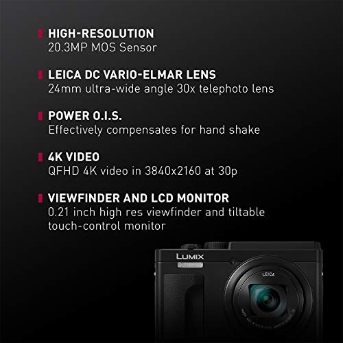 PANASONIC LUMIX ZS80 20.3MP Digital Camera, 30x 24-720mm Travel Zoom Lens, 4K Video, Optical Image Stabilizer and 3.0-inch Display – Point & Shoot Camera with Lecia Lens - DC-ZS80K (Black)