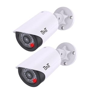 bnt dummy fake security camera, with one red led light at night, for home and businesses security indoor/outdoor (2 pack, white)