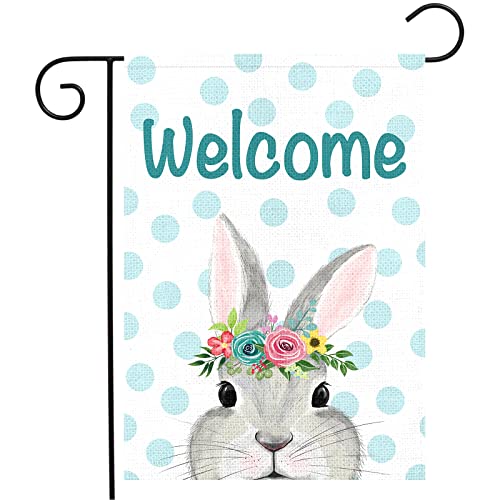 Louise Maelys Welcome Easter Garden Flag 12x18 Double Sided Burlap, Small Vertical Easter Bunny Garden Yard Flags for Easter Spring Outdoor Outside Decoration (ONLY FLAG)