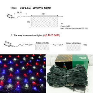 360 LED Net Lights 4th of July Decorations, 20ft x 5ft Red White and Blue Mesh Lights 8 Modes, Waterproof Patriotic Fairy Lights Plug in for Memorial Day Independence Day Yard Garden Outdoor Party