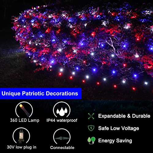 360 LED Net Lights 4th of July Decorations, 20ft x 5ft Red White and Blue Mesh Lights 8 Modes, Waterproof Patriotic Fairy Lights Plug in for Memorial Day Independence Day Yard Garden Outdoor Party