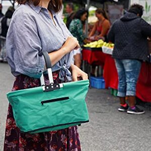 RSVP International Collapsible Market Basket Aluminum Frame, Large Zip Side Pocket, 17x11x18", Turquoise