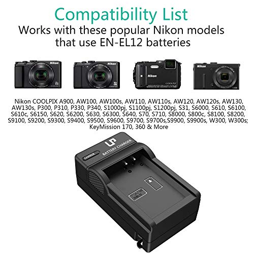 EN-EL12 Battery Charger, LP Charger Compatible with Nikon Coolpix A1000, B600, AW130, AW110, AW100, A900, W300, S1200pj, S9900, S9700, S9500, S9400, S9300, S9200, S8200, S6300, S6200, S6100, S800C