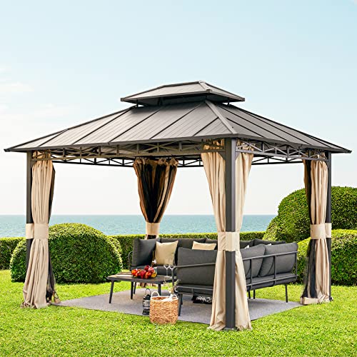 Erinnyees 10' X 12' Double Roof Hardtop Gazebo, Outdoor Metal Gazebo with Netting and Curtains for Patios Garden Deck…