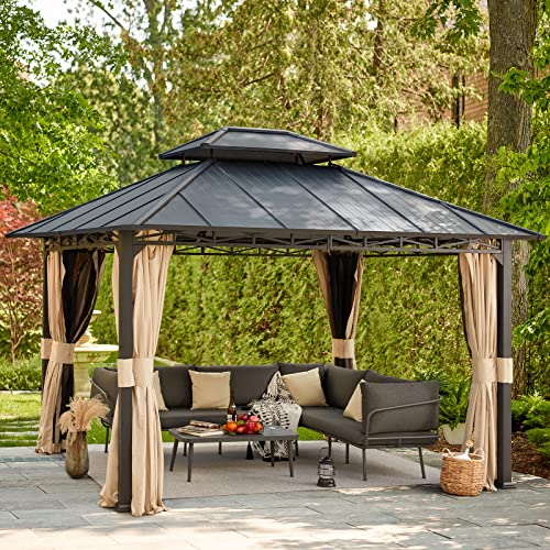 Erinnyees 10' X 12' Double Roof Hardtop Gazebo, Outdoor Metal Gazebo with Netting and Curtains for Patios Garden Deck…