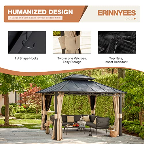 Erinnyees 10' X 12' Double Roof Hardtop Gazebo, Outdoor Metal Gazebo with Netting and Curtains for Patios Garden Deck…