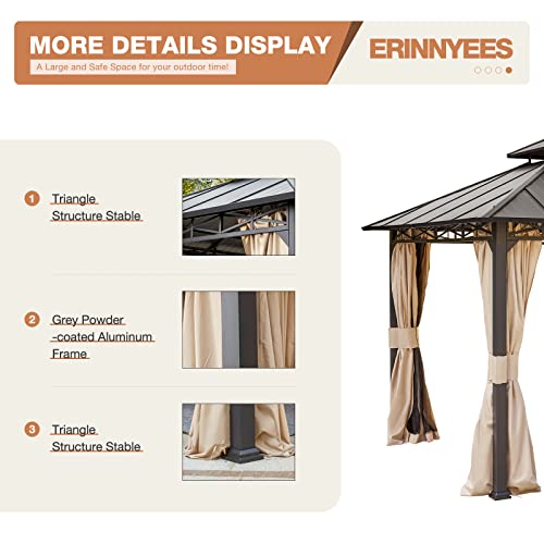 Erinnyees 10' X 12' Double Roof Hardtop Gazebo, Outdoor Metal Gazebo with Netting and Curtains for Patios Garden Deck…