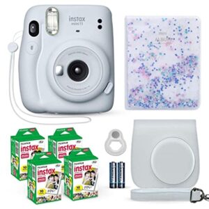 Fujifilm Instax Mini 11 Instant Camera Ice White + Fuji Film Value Pack (40 Sheets) + Shutter Accessories Bundle, Incl. Compatible Carrying Case, Selfie Lens, Quicksand Beads Photo Album 64 Pockets