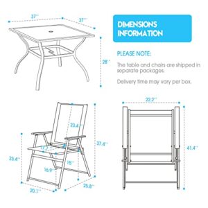 Vicllax Outdoor Dining Set for 4, 5-Piece Patio Furniture,1 Walnut Outdoor Dining Table and 4 Dark Blue Folding Chairs for Garden