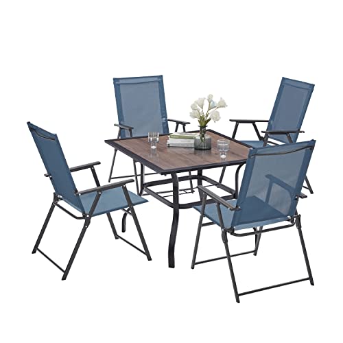 Vicllax Outdoor Dining Set for 4, 5-Piece Patio Furniture,1 Walnut Outdoor Dining Table and 4 Dark Blue Folding Chairs for Garden