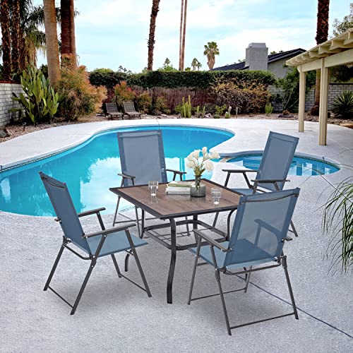 Vicllax Outdoor Dining Set for 4, 5-Piece Patio Furniture,1 Walnut Outdoor Dining Table and 4 Dark Blue Folding Chairs for Garden