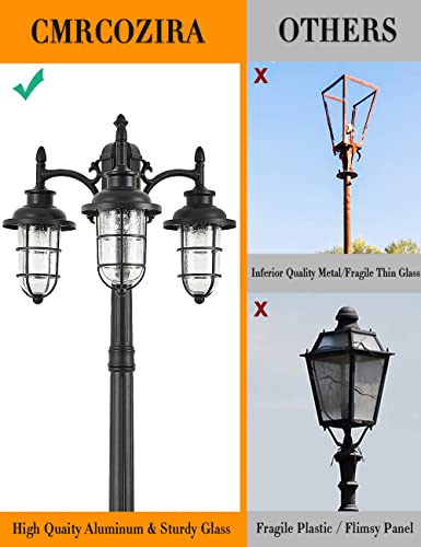 CMRCOZIRA Triple-Head Street Light with Outlet, Nautical Style Outdoor Post Light, IP65 Outdoor Lamp Post Lights with Clear Seeded Glass, Outdoor Street Light Matte Black for Street, Garden, Driveway