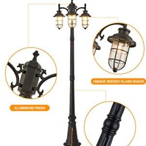 CMRCOZIRA Triple-Head Street Light with Outlet, Nautical Style Outdoor Post Light, IP65 Outdoor Lamp Post Lights with Clear Seeded Glass, Outdoor Street Light Matte Black for Street, Garden, Driveway