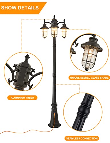 CMRCOZIRA Triple-Head Street Light with Outlet, Nautical Style Outdoor Post Light, IP65 Outdoor Lamp Post Lights with Clear Seeded Glass, Outdoor Street Light Matte Black for Street, Garden, Driveway