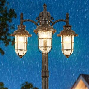 CMRCOZIRA Triple-Head Street Light with Outlet, Nautical Style Outdoor Post Light, IP65 Outdoor Lamp Post Lights with Clear Seeded Glass, Outdoor Street Light Matte Black for Street, Garden, Driveway