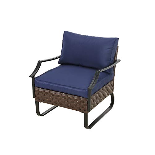 LOKATSE HOME Single Outdoor Armchair Rattan Sofa Cushioned Patio Chair U Leg Metal Club Furniture for Balcony Porch Garden Deck, Blue