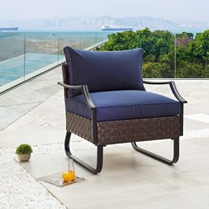 LOKATSE HOME Single Outdoor Armchair Rattan Sofa Cushioned Patio Chair U Leg Metal Club Furniture for Balcony Porch Garden Deck, Blue