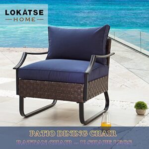 LOKATSE HOME Single Outdoor Armchair Rattan Sofa Cushioned Patio Chair U Leg Metal Club Furniture for Balcony Porch Garden Deck, Blue