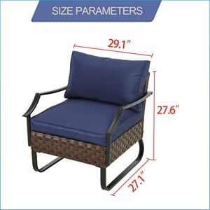 LOKATSE HOME Single Outdoor Armchair Rattan Sofa Cushioned Patio Chair U Leg Metal Club Furniture for Balcony Porch Garden Deck, Blue