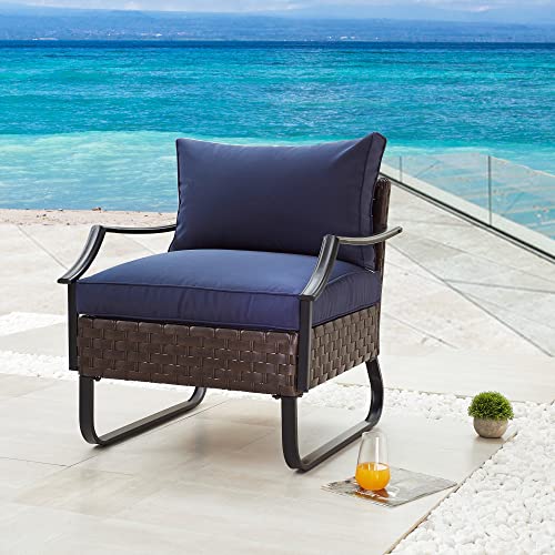 LOKATSE HOME Single Outdoor Armchair Rattan Sofa Cushioned Patio Chair U Leg Metal Club Furniture for Balcony Porch Garden Deck, Blue