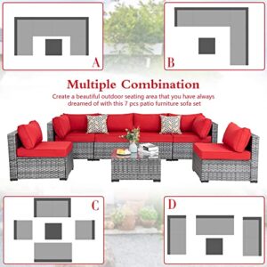 Shintenchi 7 Pieces Outdoor Patio Sectional Sofa Couch, Silver Gray PE Wicker Furniture Conversation Sets with Washable Cushions & Glass Coffee Table for Garden, Poolside, Backyard (Red)