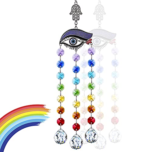 Hanging Crystals Suncatcher Ornament with Hamsa Hand Evil Eye Charm Pendant Stained Glass Beads for Window Garden Decoration