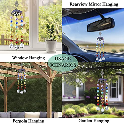 Hanging Crystals Suncatcher Ornament with Hamsa Hand Evil Eye Charm Pendant Stained Glass Beads for Window Garden Decoration