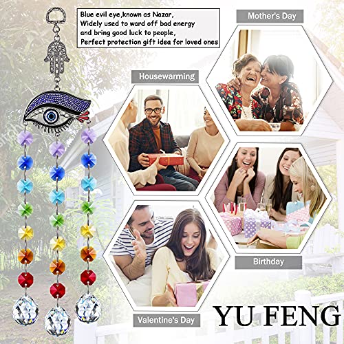 Hanging Crystals Suncatcher Ornament with Hamsa Hand Evil Eye Charm Pendant Stained Glass Beads for Window Garden Decoration