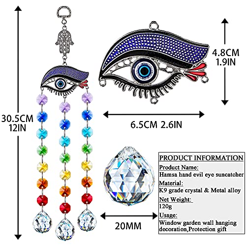 Hanging Crystals Suncatcher Ornament with Hamsa Hand Evil Eye Charm Pendant Stained Glass Beads for Window Garden Decoration