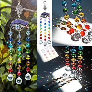 Hanging Crystals Suncatcher Ornament with Hamsa Hand Evil Eye Charm Pendant Stained Glass Beads for Window Garden Decoration