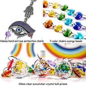 Hanging Crystals Suncatcher Ornament with Hamsa Hand Evil Eye Charm Pendant Stained Glass Beads for Window Garden Decoration