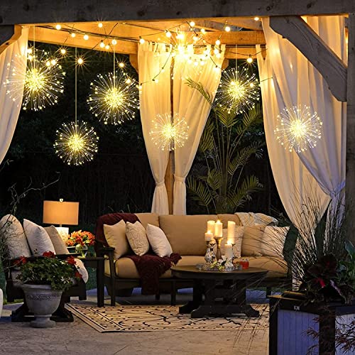 PETVAY 4 Pack Firework LED Lights, 480 LED 8 Modes Battery Operated Fairy String Lights with Remote, Hanging Starburst Lights for Wedding Christmas Party Patio Garden Decoration