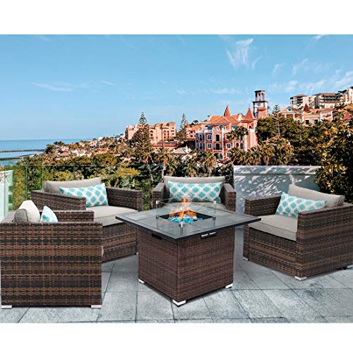 HOMPUS Outdoor Patio Furniture 5-Piece Wicker Chairs w 36-inch Square Propane Fire Pit Table(40,000 BTU),Internal Tank Storage£¬Glass Wind Guard