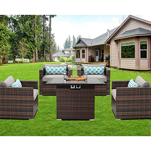 HOMPUS Outdoor Patio Furniture 5-Piece Wicker Chairs w 36-inch Square Propane Fire Pit Table(40,000 BTU),Internal Tank Storage£¬Glass Wind Guard