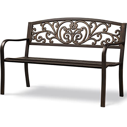 Topeakmart Outdoor Garden Bench Patio Park Iron Metal Frame Bench Outdoor Yard Furniture Clearance w/Backrest, Slatted Seat for Porch, Deck, Entryway, Backyard, Bronze