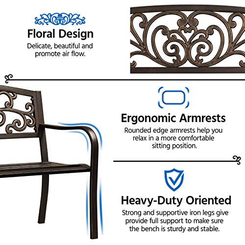 Topeakmart Outdoor Garden Bench Patio Park Iron Metal Frame Bench Outdoor Yard Furniture Clearance w/Backrest, Slatted Seat for Porch, Deck, Entryway, Backyard, Bronze