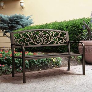 Topeakmart Outdoor Garden Bench Patio Park Iron Metal Frame Bench Outdoor Yard Furniture Clearance w/Backrest, Slatted Seat for Porch, Deck, Entryway, Backyard, Bronze