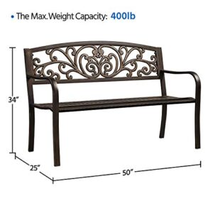 Topeakmart Outdoor Garden Bench Patio Park Iron Metal Frame Bench Outdoor Yard Furniture Clearance w/Backrest, Slatted Seat for Porch, Deck, Entryway, Backyard, Bronze