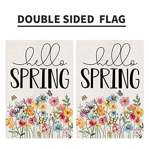 Hello Spring Floral Garden Flag 12x18 Inch Double Sided Burlap Outside, Flower Seasonal Sign Small Farmhouse Yard Outdoor Decoration DF235