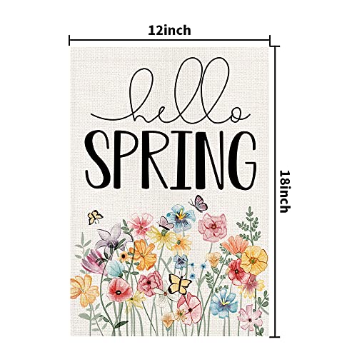 Hello Spring Floral Garden Flag 12x18 Inch Double Sided Burlap Outside, Flower Seasonal Sign Small Farmhouse Yard Outdoor Decoration DF235