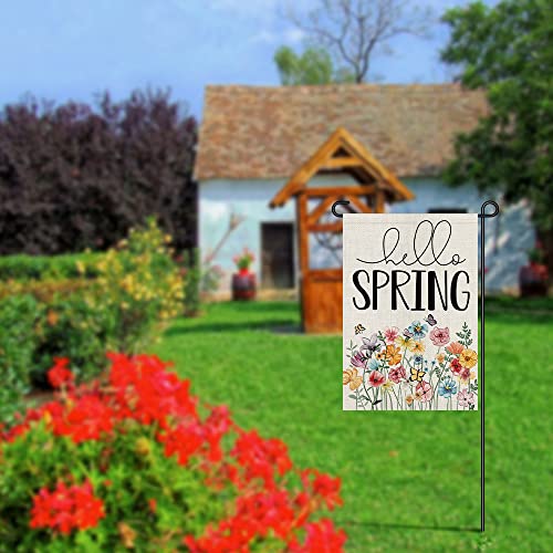 Hello Spring Floral Garden Flag 12x18 Inch Double Sided Burlap Outside, Flower Seasonal Sign Small Farmhouse Yard Outdoor Decoration DF235